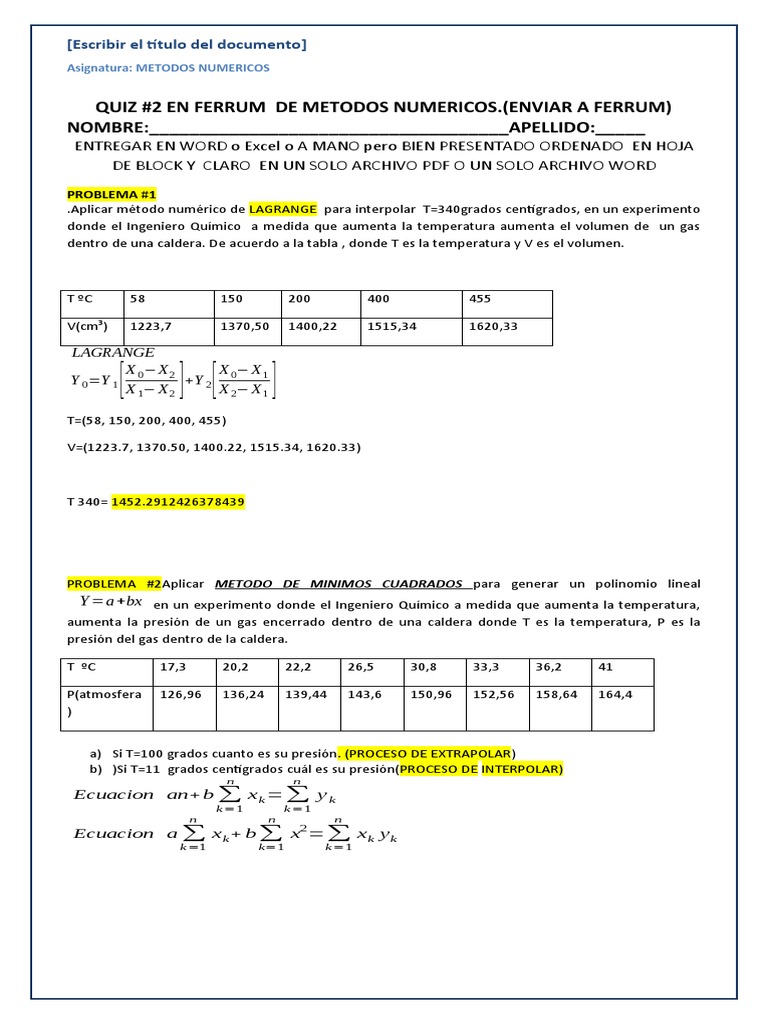 Quiz Lagrange y Regresion Lineal de Metodos Numericos | PDF