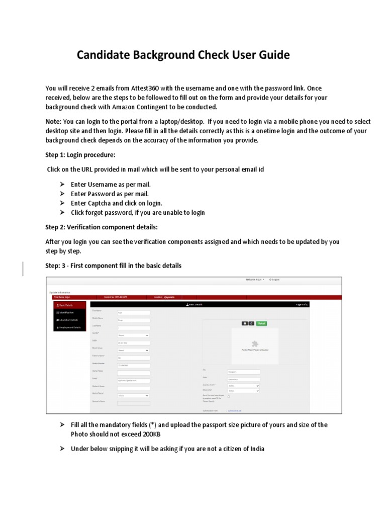 Candidate Background Check User Guide - Amazon Contingent | PDF | Identity Document | Login