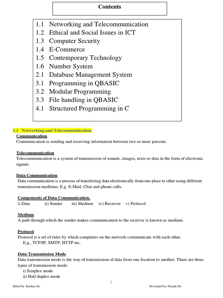 SEE Computer Science 2079 Notes. | PDF | Transmission Medium | Network ...