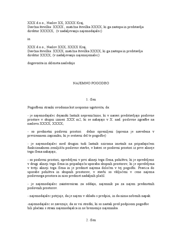 Osnutek Najemna Pogodba XXXXX D.O.O. | PDF