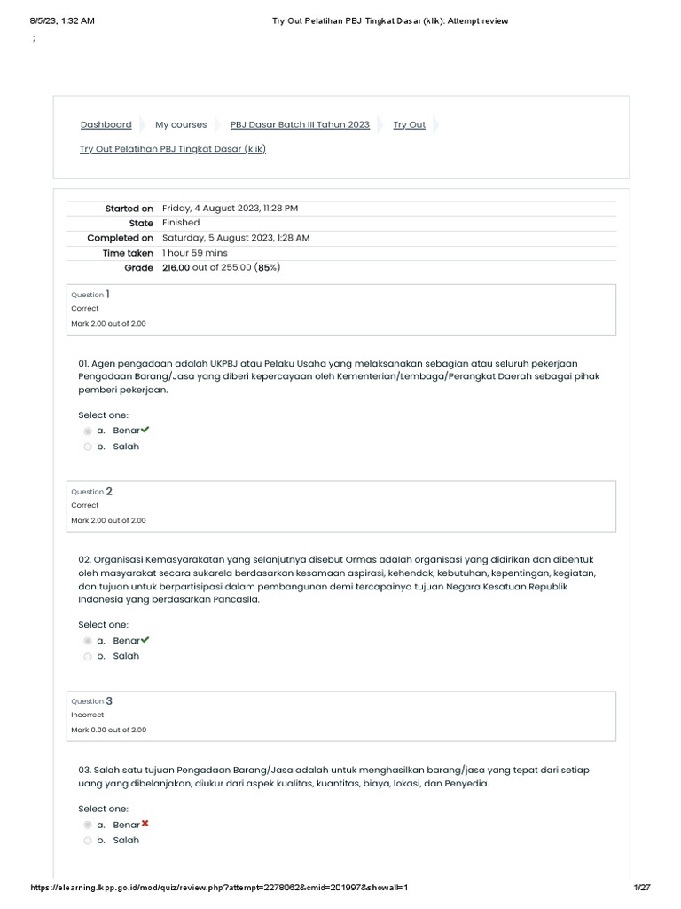 Try Out Pelatihan PBJ Tingkat Dasar (Klik) - Attempt Review | PDF