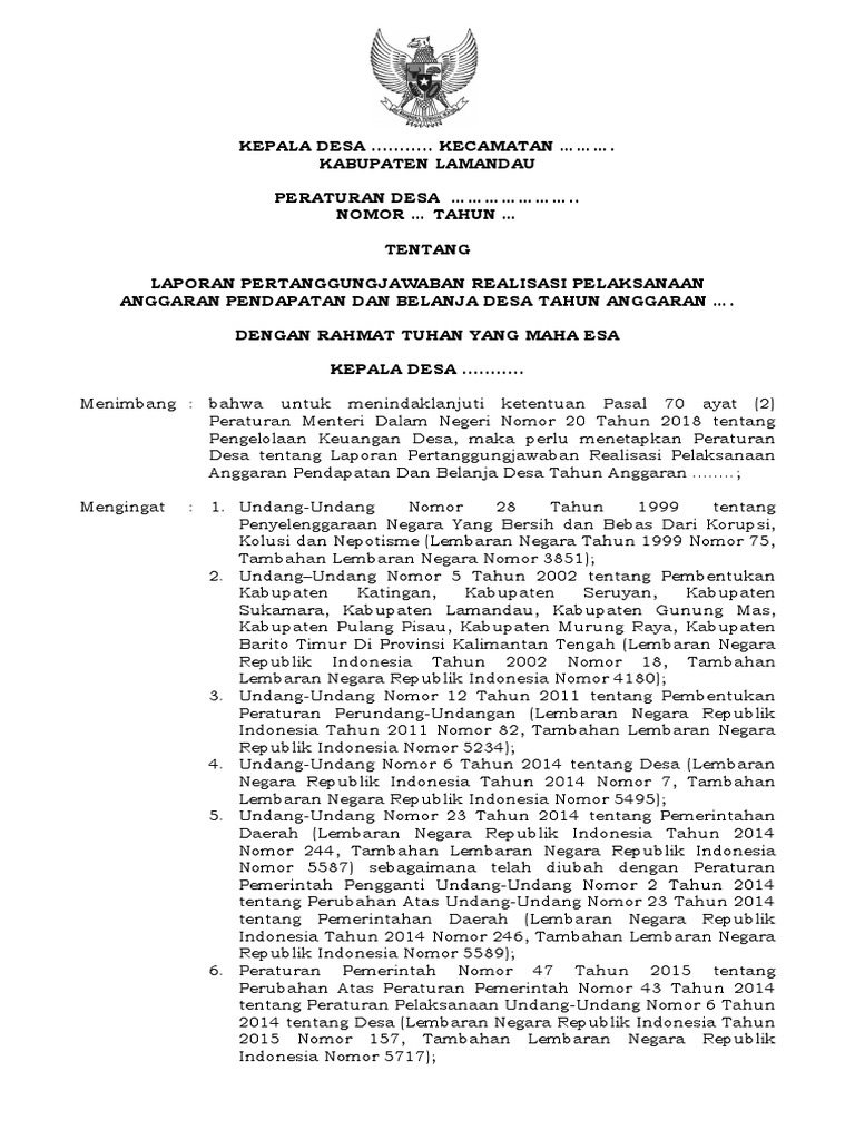 DRAFT Perdes Lap Pertanggungjawaban Realisasi Pelaks APBDes | PDF