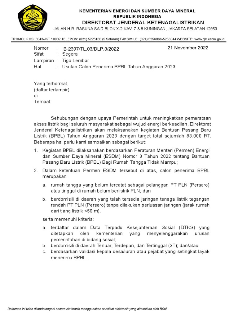 Surat DLP-Dinas ESDM Perihal Usulan Calon Penerima BPBL Tahun Anggaran ...