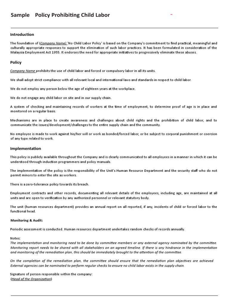 Sample Policy Prohibiting Child Labour | PDF