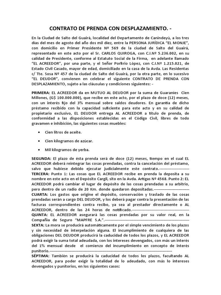 Contrato de Prenda Con Desplazamiento. | PDF