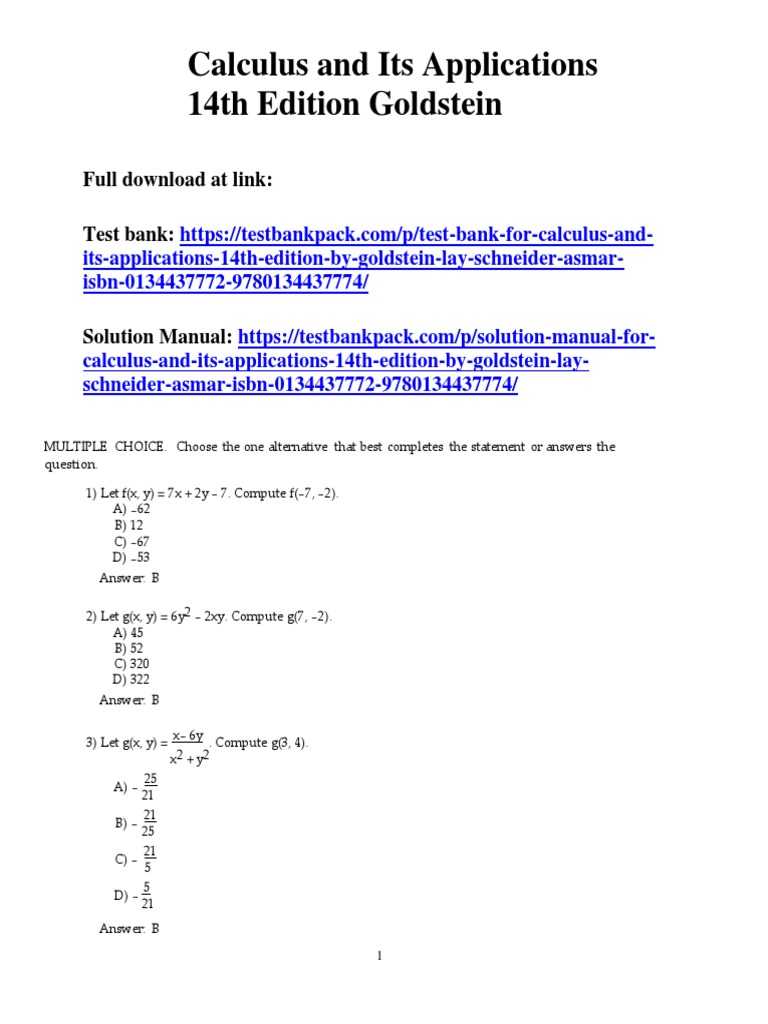 Calculus and Its Applications 14th Edition Goldstein Test Bank Download ...