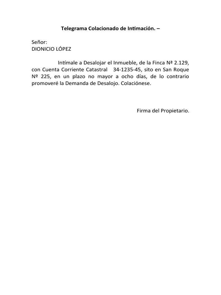 Telegrama Colacionado de Intimación de Desalojo | PDF