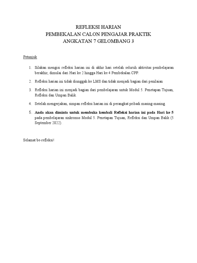 LEMBAR REFLEKSI HARIAN MANDIRI (Hari Ke 2 SD Hari Ke 4) CPP.A7.G3 | PDF
