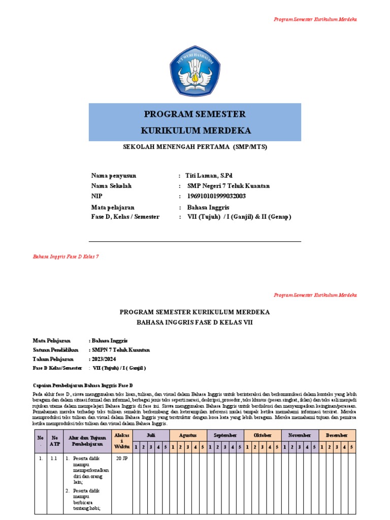 Program Semester Bahasa Inggris Kelas 7 | PDF | Karier & Perkembangan ...