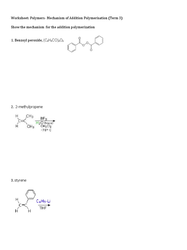 Worksheet Term 3 Polymers Mechanism of Addition Polymerisation | PDF ...