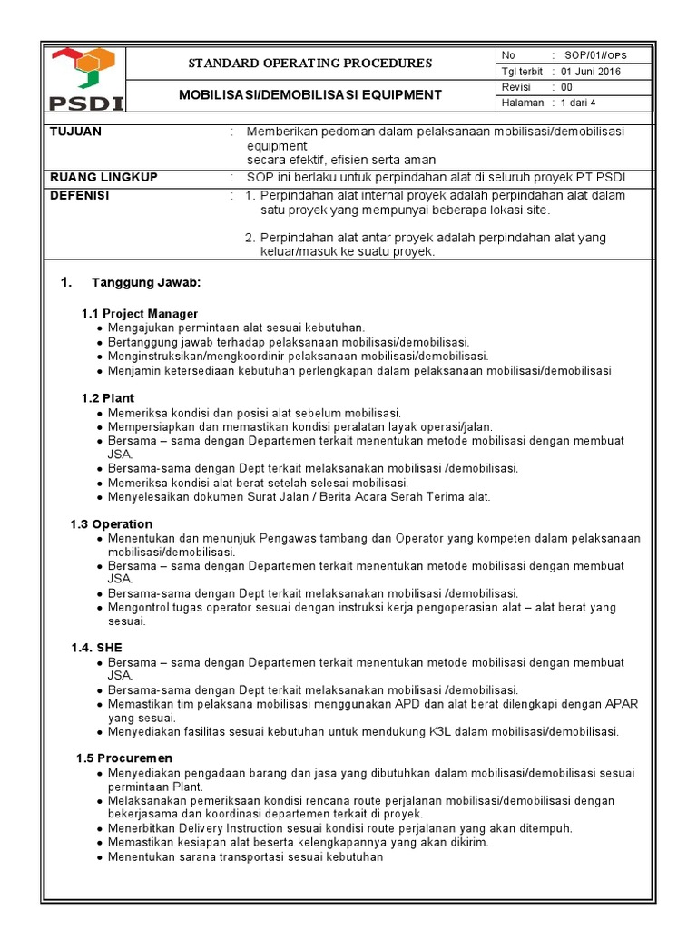 SOP Mobilisasi Demobilisasi by Azhar | PDF