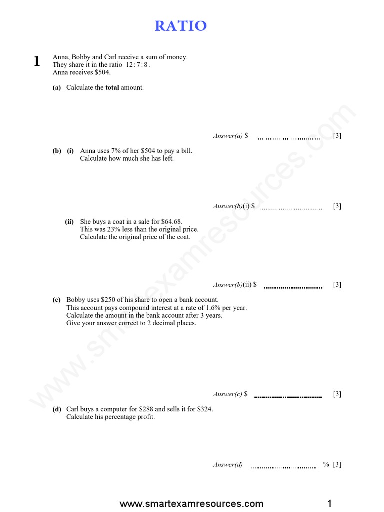 1.1.1 Ratio Topic Questions Set 1 QP Ms | PDF | Interest | Compound ...