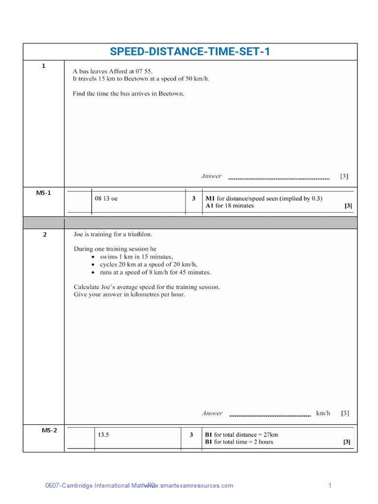 1.1 Speed Distance Time Set 1 Qp Ms | PDF