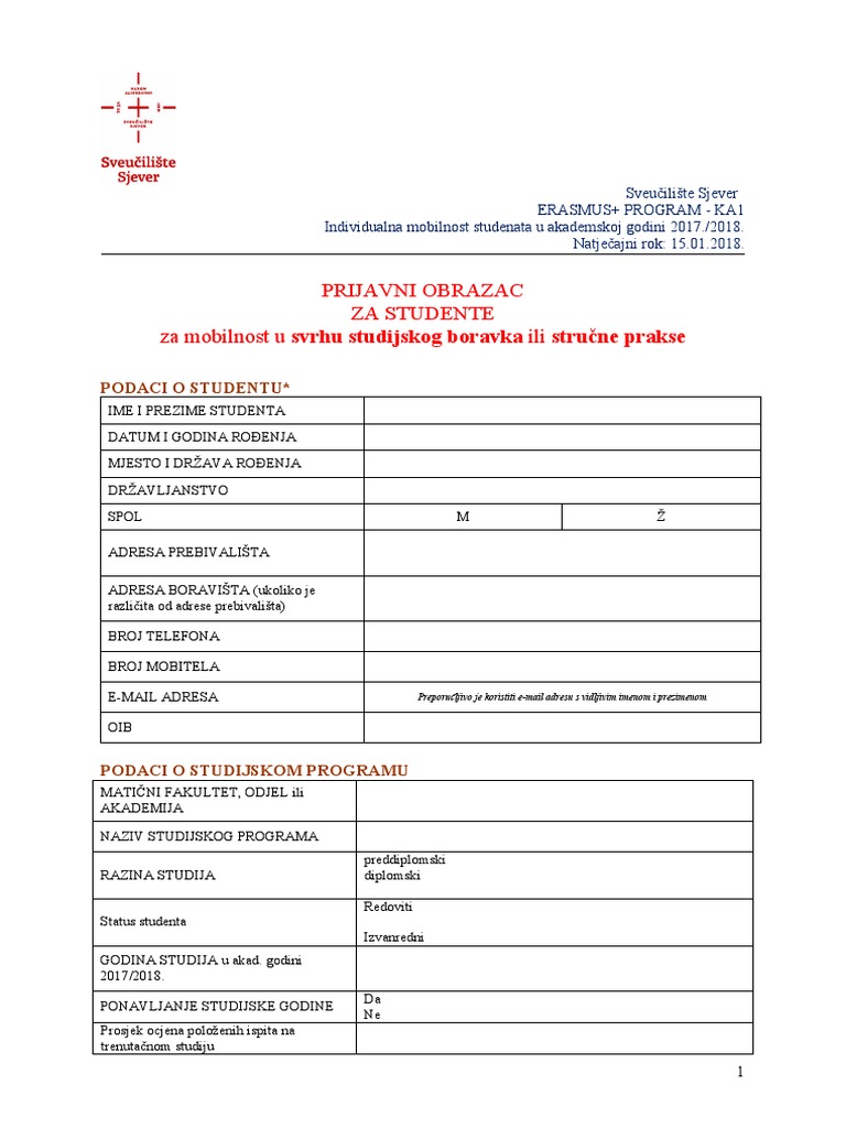 Prijavni Obrazac Za Studente Erasmus KA15 | PDF