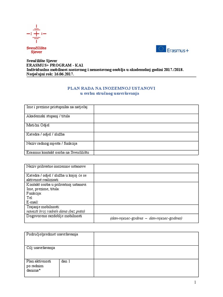 Obrazac Za Plan Rada 20172 | PDF
