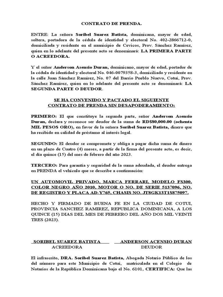Contrato de Prenda en RD | PDF