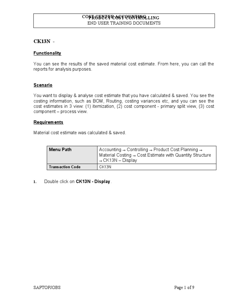 CK13N Display Material Cost Estimate | PDF