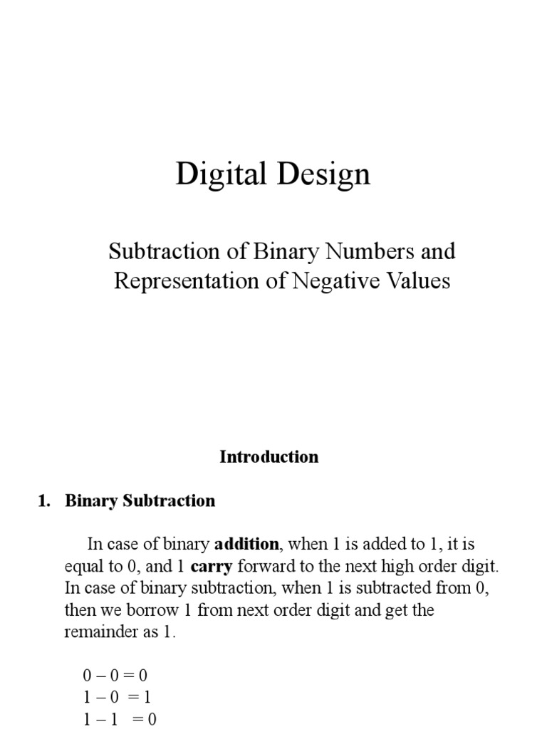 Digital Design: Subtraction of Binary Numbers and Representation of Negative Values | PDF