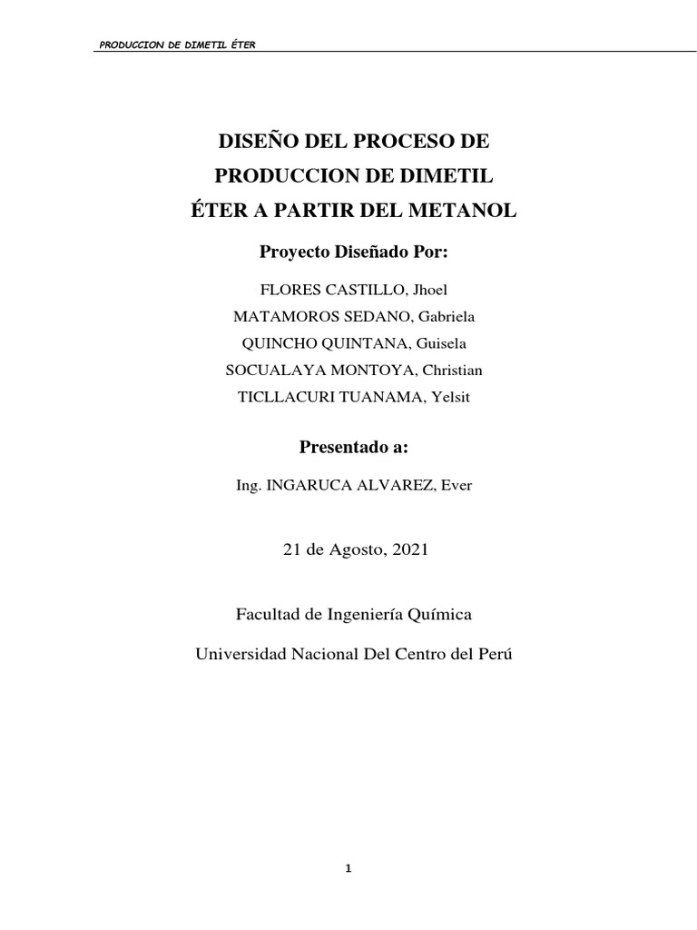 Diseño de Proceso para Dimetil Éter | PDF | Ciencia y matemáticas