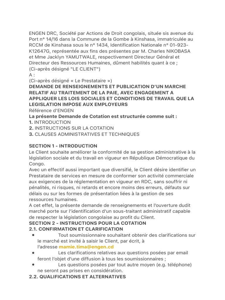 Demande de Cotation pour la Paie Engen | PDF