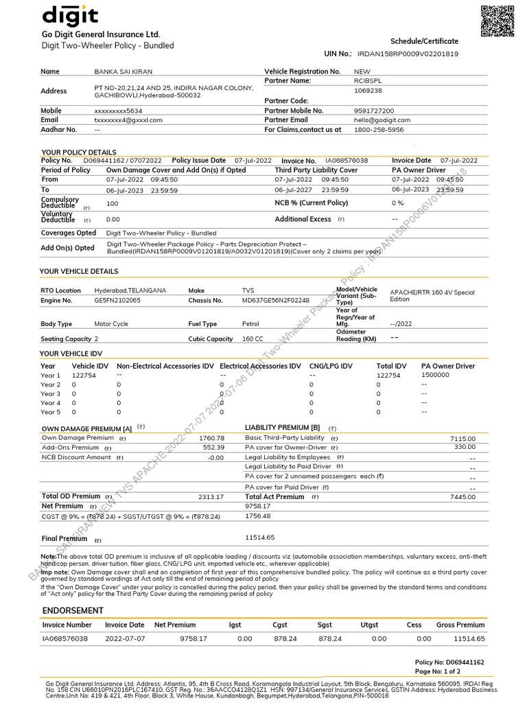 Digit Two-Wheeler Insurance Policy | PDF
