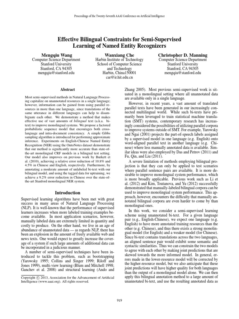 2013 Aaai Effective Bilingual Constraints For Semi Supervised Learning Of Named Entity