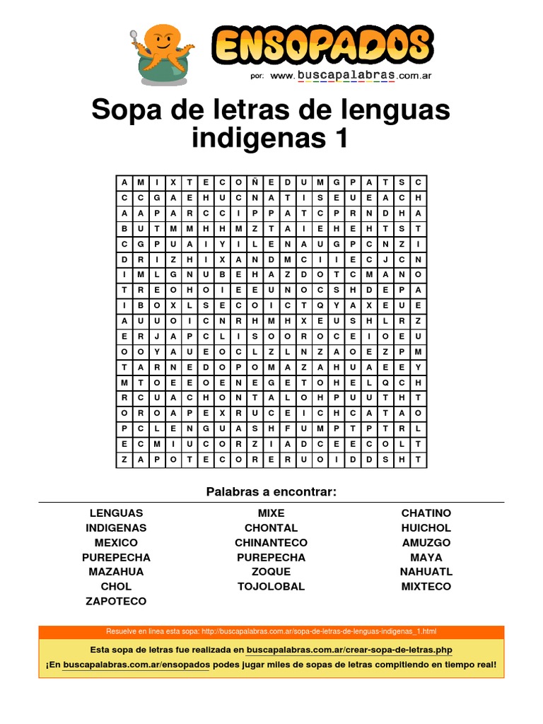 Sopa de Letras: Lenguas Indígenas | PDF | Pueblos Indígenas de las ...