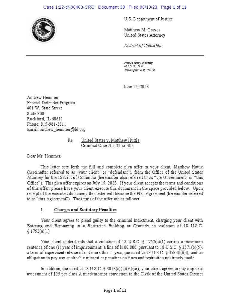 Plea Letter For Huttle, Matthew Filed 8/10/23 | PDF | United States ...