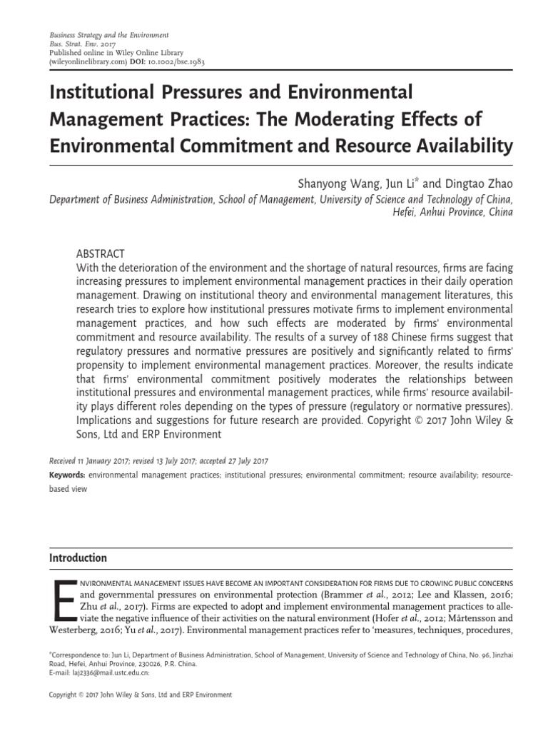 Institutional Pressures and Environmental Management Practices: The ...
