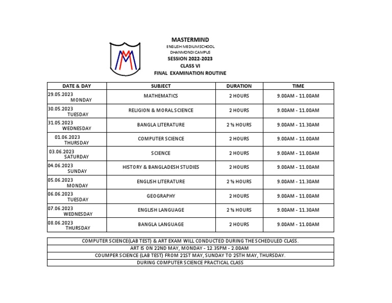 Class VI Final Exam Routine 2023 | PDF