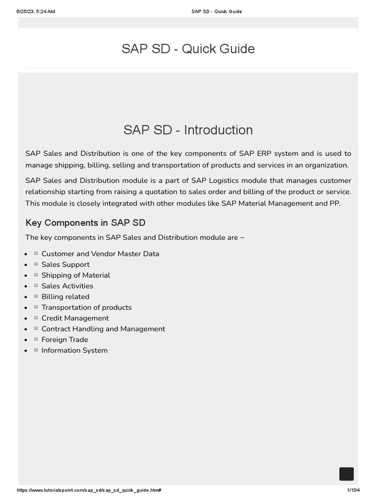 SAP SD Quick Guide Overview | PDF | Sales | Invoice