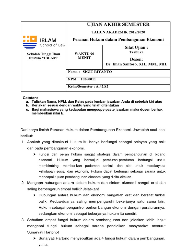 SIGIT RIYANTO - UAS Peranan Hukum Dalam Pembangunan Ekonomi | PDF