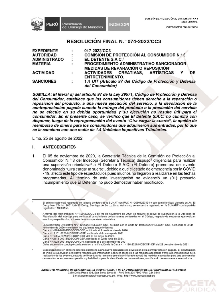 RESOLUCIÓN FINAL N.° 074-2022/CC3: Comisión de Protección Al Consumidor ...