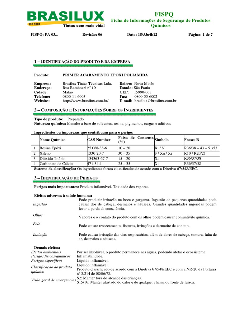 FISPQ's Dos produtos (1) | PDF