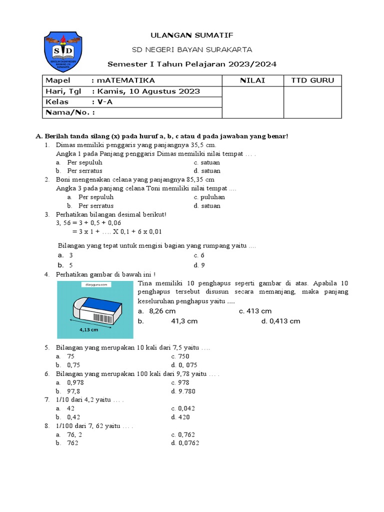 ULANGAN SUMATIF Matematika Bilangan bulat dan bilangan Desimal | PDF