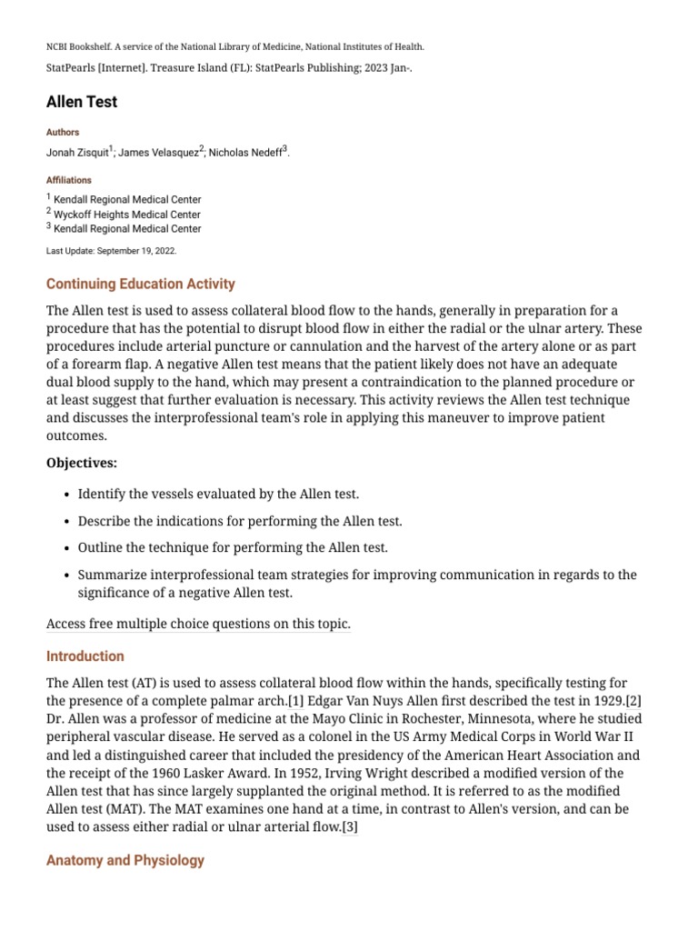Allen Test - StatPearls - NCBI Bookshelf | PDF | Hand | Artery