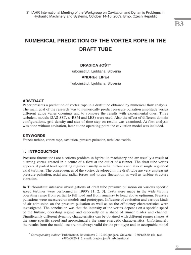 Numerical Prediction of The Vortex Rope in The Draft Tube: Dragica Jošt Andrej Lipej | PDF ...