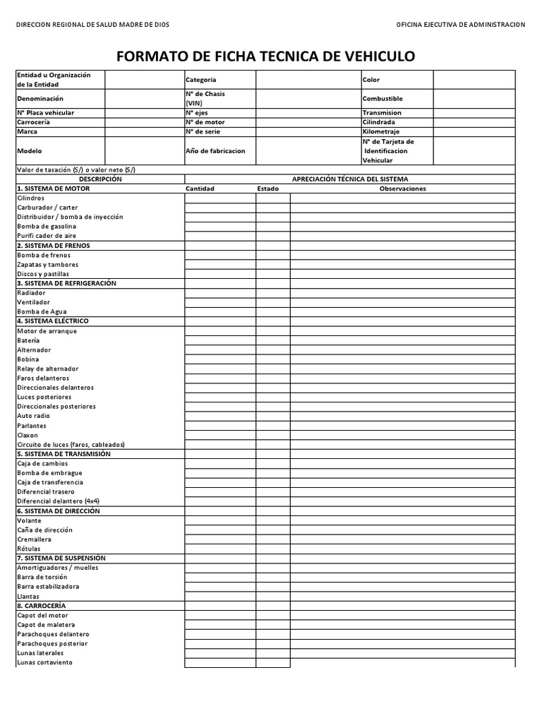 Formato de Ficha Tecnica de Vehiculo | PDF