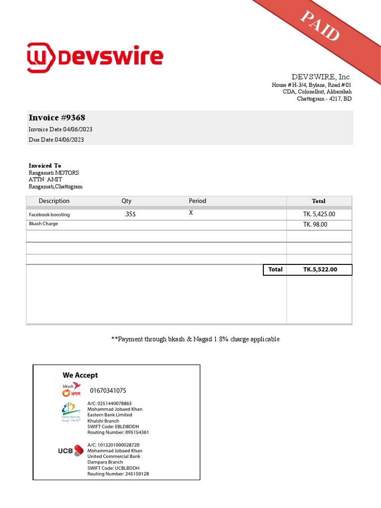 Invoice #9368 for Facebook Boosting | PDF