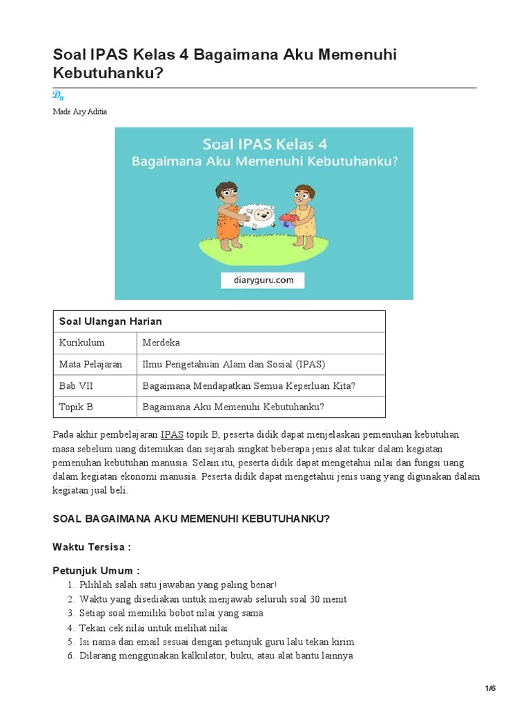 Soal IPAS Kelas 4 Bagaimana Aku Memenuhi Kebutuhanku | PDF
