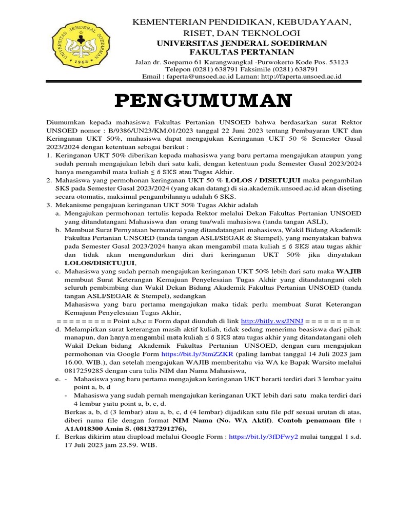 Pengumuman Keringanan UKT 50 - Semester Gasal 2023 2024 Bagi Mahasiswa Faperta UNSOED ...