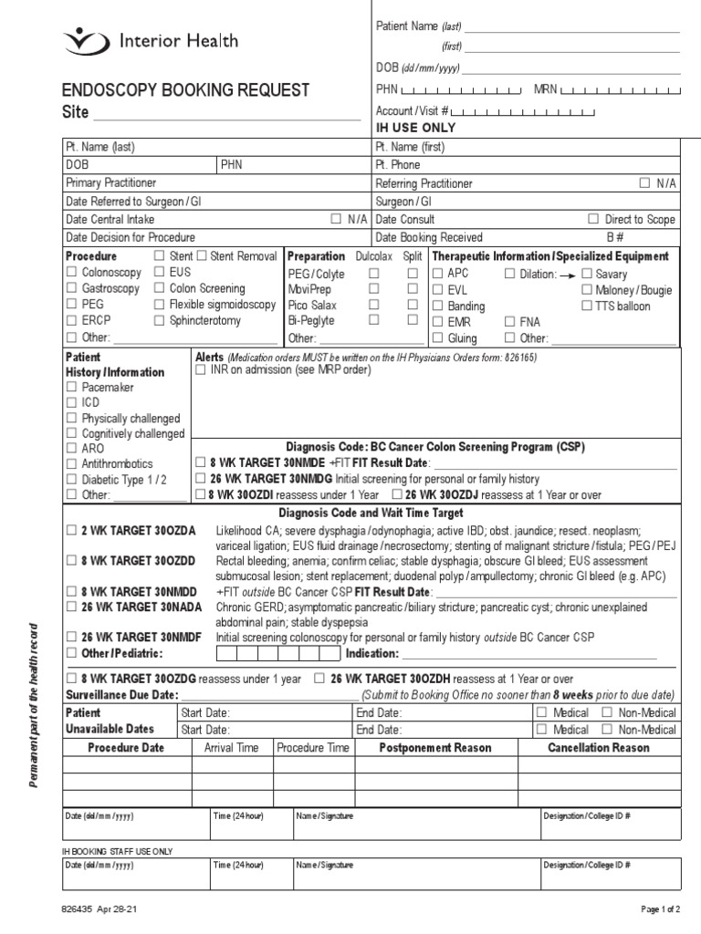 Endoscopy Booking Form - #826435 | PDF