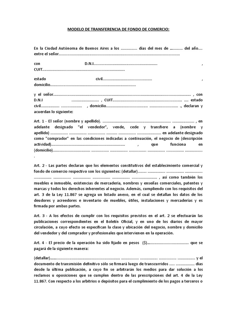 Modelo - Transferencia Fondo de Comercio | PDF
