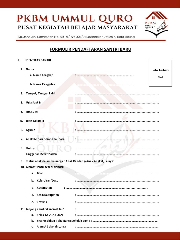 Formulir Data Siswa - PKBM Ummul Quro | PDF