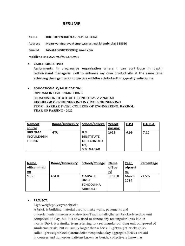 1.hitesh Resume | PDF | Brick | Ceramic Materials