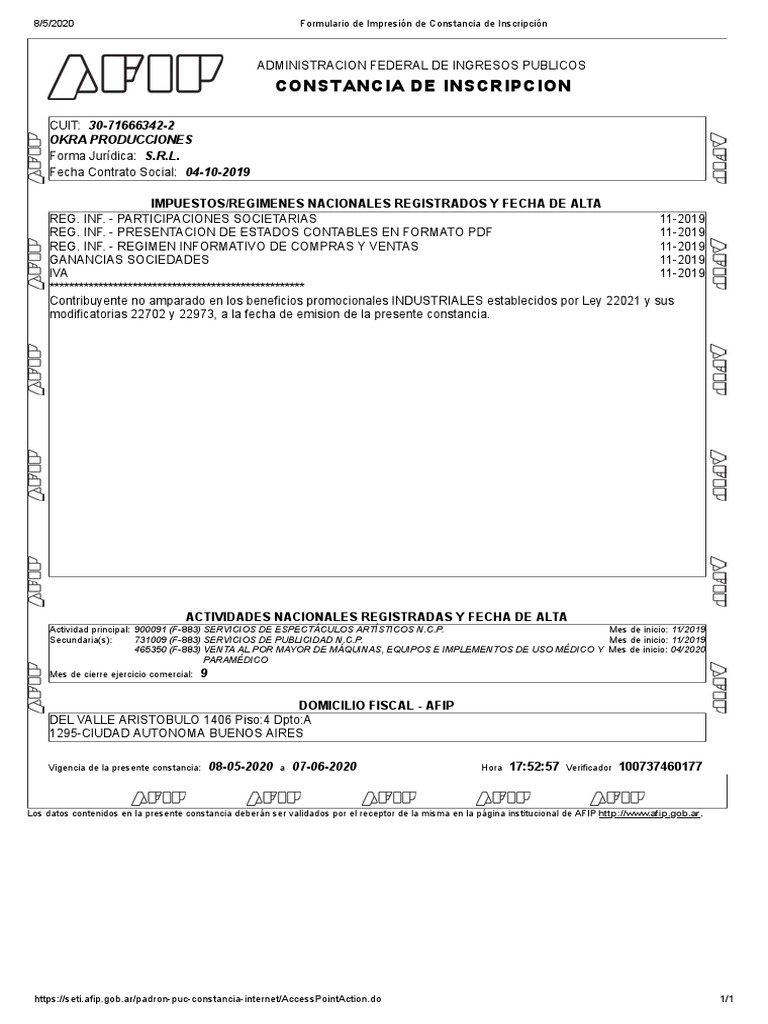 Okra Producciones SRL - CUIT AFIP Con Alta Actividad 465350 | PDF ...