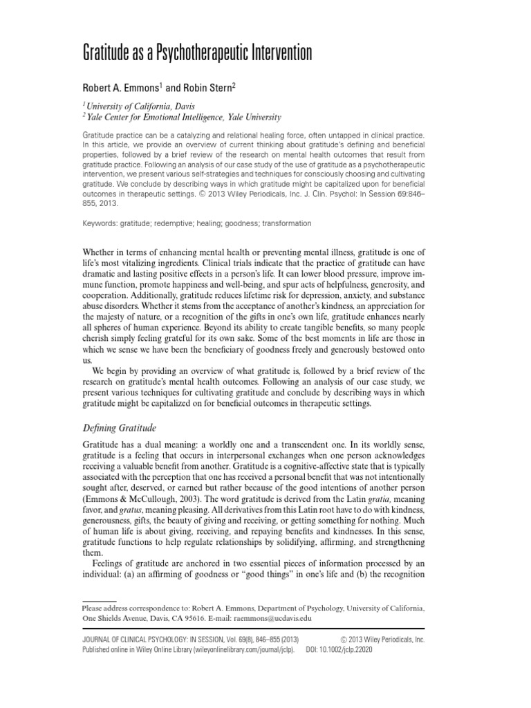 Gratitude As A Psychotherapeutic Intervention 2013 | PDF | Gratitude | Psychotherapy