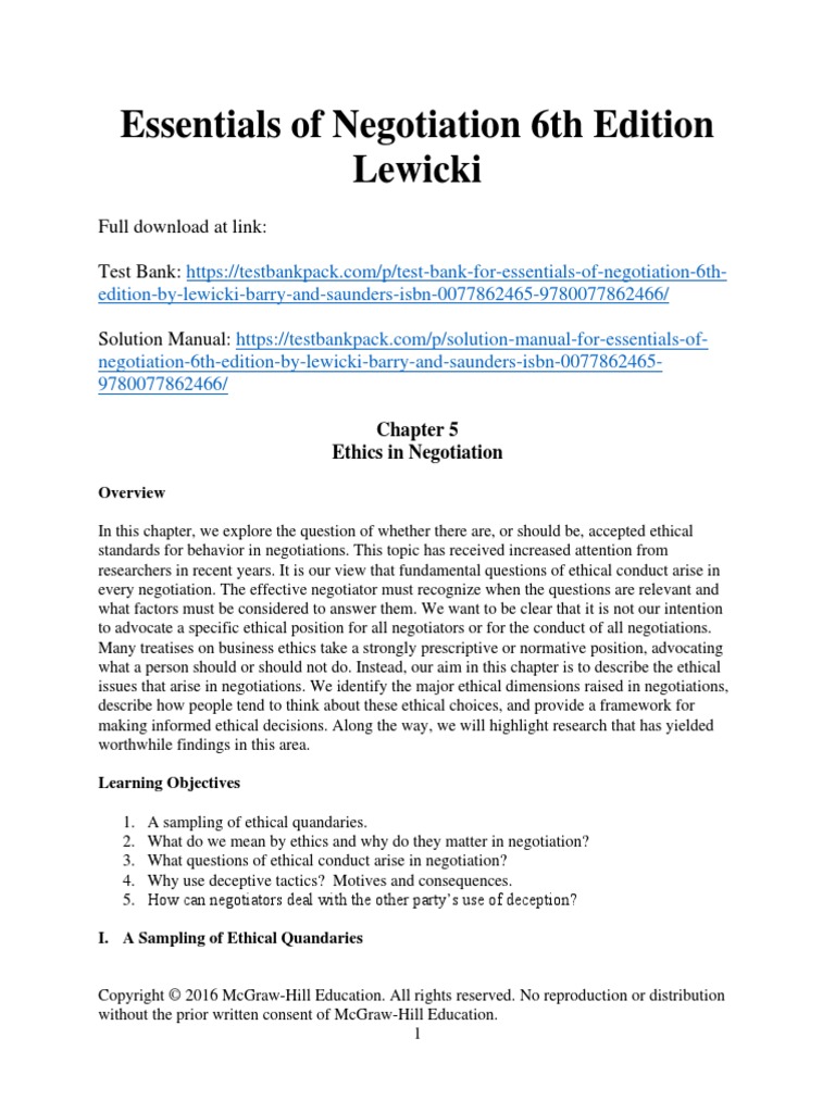 Essentials of Negotiation 6th Edition Lewicki Solutions Manual 1 | PDF
