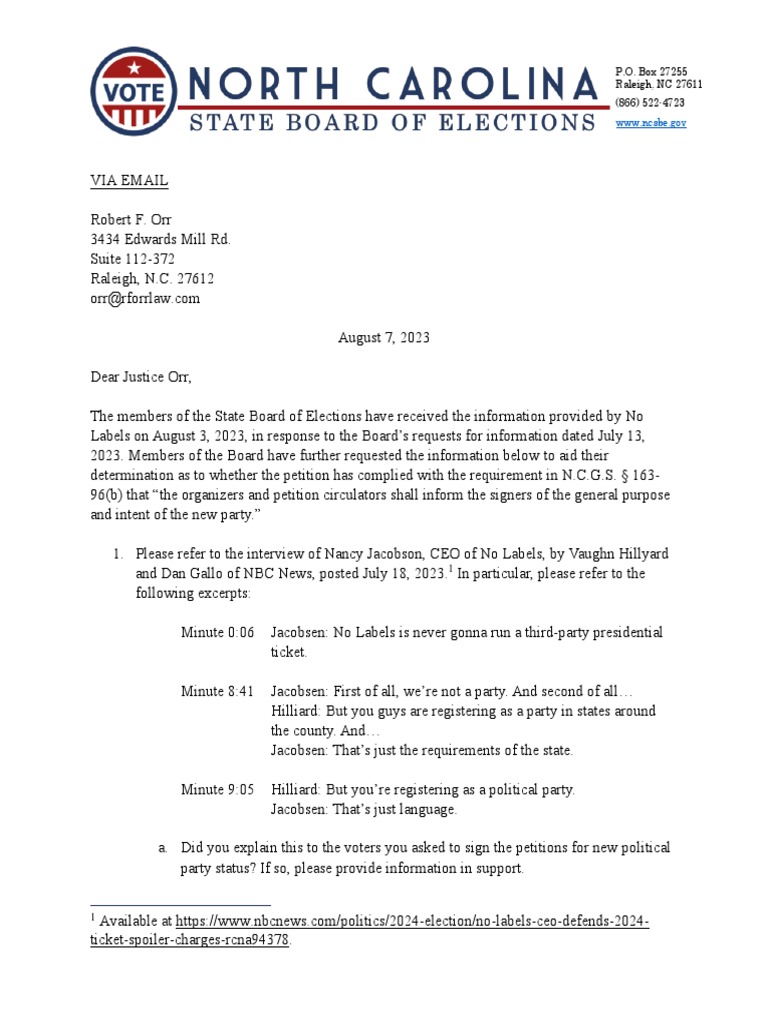 NCSBE Supp Request For Information - No Labels - 080723 | PDF