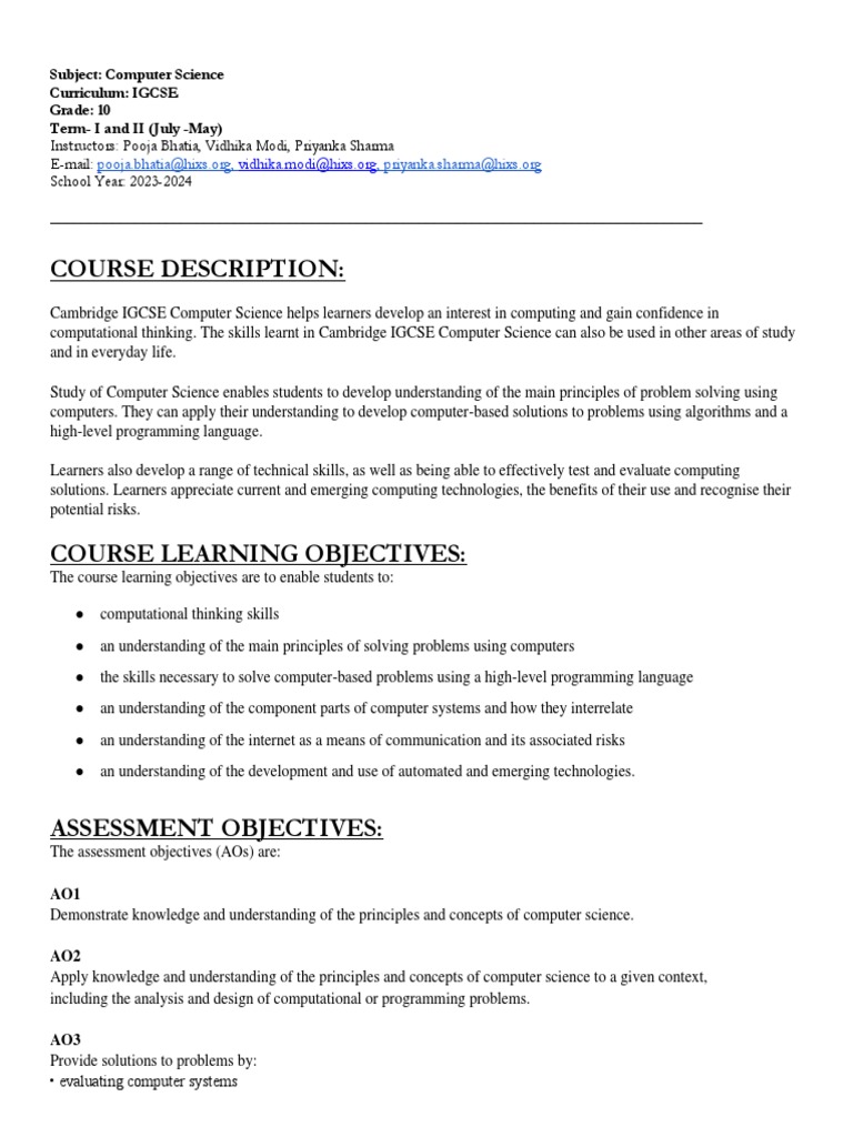 Course Outline 2023-24 Computer Science Grade 10 | Download Free PDF ... Course Outline 2023-24 Computer Science Grade 10 | Download Free PDF ...